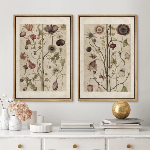 IDEA4WALL Abstract Botanical "Classic Wildflower Floral Nature Plant Framed Canvas 2 Pieces ...